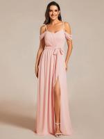 China Plus Size A-line Ruffled V-neck Spaghetti Strap High Slit Pink Chiffon Evening Dress for sale