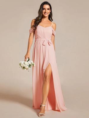 China Plus Size A-line Ruffled V-neck Spaghetti Strap High Slit Pink Chiffon Evening Dress for sale