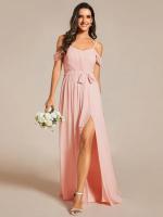 China Plus Size A-line Ruffled V-neck Spaghetti Strap High Slit Burgundy Chiffon Party Dress for sale