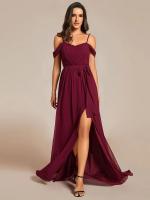 China Plus Size A-line Ruffled V-neck Spaghetti Strap High Slit Burgundy Chiffon Party Dress for sale