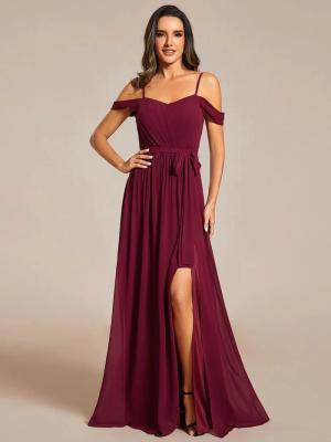 China Plus Size A-line Ruffled V-neck Spaghetti Strap High Slit Burgundy Chiffon Party Dress for sale