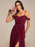 China Plus Size A-line Ruffled V-neck Spaghetti Strap High Slit Burgundy Chiffon Party Dress for sale