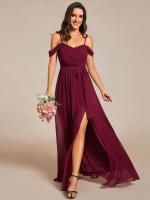 China Plus Size A-line Ruffled V-neck Spaghetti Strap High Slit Burgundy Chiffon Party Dress for sale
