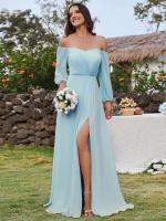 China Plus Size Ruffled Long Sleeve High Slit Off-shoulder High Slit Pink Chiffon Bridesmaid Dresses for sale