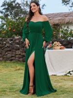 China Plus Size Ruffled Long Sleeve High Slit Off-shoulder High Slit Pink Chiffon Bridesmaid Dresses for sale