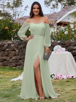 China Plus Size Ruffled Long Sleeve High Slit Off-shoulder High Slit Pink Chiffon Bridesmaid Dresses for sale