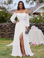 China Plus Size Ruffled Long Sleeve High Slit Off-shoulder High Slit Pink Chiffon Bridesmaid Dresses for sale