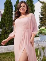 China Plus Size Ruffled Long Sleeve High Slit Off-shoulder High Slit Pink Chiffon Bridesmaid Dresses for sale