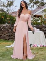 China Plus Size Ruffled Long Sleeve High Slit Off-shoulder High Slit Pink Chiffon Bridesmaid Dresses for sale