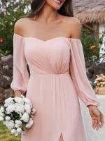China Plus Size Ruffled Long Sleeve High Slit Off-shoulder High Slit Pink Chiffon Bridesmaid Dresses for sale