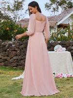 China Plus Size Ruffled Long Sleeve High Slit Off-shoulder High Slit Pink Chiffon Bridesmaid Dresses for sale