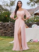 China Plus Size Ruffled Long Sleeve High Slit Off-shoulder High Slit Pink Chiffon Bridesmaid Dresses for sale