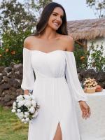 China Plus Size Ruffled Long Sleeve High Slit Off-shoulder High Slit White Chiffon Evening Dress for sale