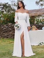 China Plus Size Ruffled Long Sleeve High Slit Off-shoulder High Slit White Chiffon Evening Dress for sale
