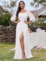 China Plus Size Ruffled Long Sleeve High Slit Off-shoulder High Slit White Chiffon Evening Dress for sale