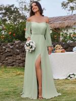 China Plus Size Ruffled Long Sleeve High Slit Off-shoulder High Slit Mint Green Chiffon Homecoming Dress for sale