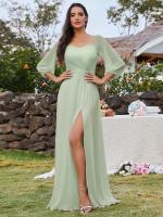 China Plus Size Ruffled Long Sleeve High Slit Off-shoulder High Slit Mint Green Chiffon Homecoming Dress for sale