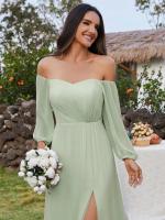 China Plus Size Ruffled Long Sleeve High Slit Off-shoulder High Slit Mint Green Chiffon Homecoming Dress for sale
