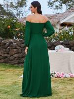 China Plus Size Ruffled Long Sleeve High Slit Off-shoulder High Slit Dark Green Chiffon Graduation Dress for sale