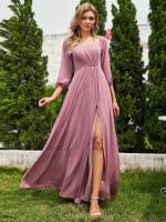 China Plus Size Ruffled Long Sleeve High Slit Off-shoulder High Slit Burgundy Chiffon Prom Dress for sale
