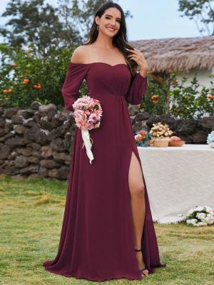 China Plus Size Ruffled Long Sleeve High Slit Off-shoulder High Slit Burgundy Chiffon Prom Dress for sale