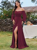 China Plus Size Ruffled Long Sleeve High Slit Off-shoulder High Slit Burgundy Chiffon Prom Dress for sale