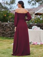 China Plus Size Ruffled Long Sleeve High Slit Off-shoulder High Slit Burgundy Chiffon Prom Dress for sale