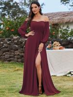 China Plus Size Ruffled Long Sleeve High Slit Off-shoulder High Slit Burgundy Chiffon Prom Dress for sale