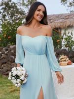 China Plus Size Ruffled Long Sleeve High Slit Off-shoulder High Slit Sky Blue Chiffon Party Dress for sale