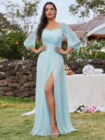 China Plus Size Ruffled Long Sleeve High Slit Off-shoulder High Slit Sky Blue Chiffon Party Dress for sale