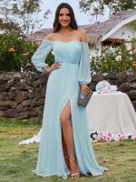 China Plus Size Ruffled Long Sleeve High Slit Off-shoulder High Slit Sky Blue Chiffon Party Dress for sale