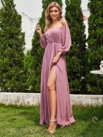 China Plus Size Ruffled Long Sleeve High Slit Off-shoulder High Slit Purple Orchid Chiffon Cocktail Dress for sale