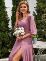 China Plus Size Ruffled Long Sleeve High Slit Off-shoulder High Slit Purple Orchid Chiffon Cocktail Dress for sale