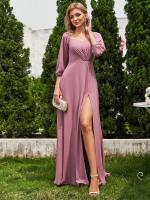 China Plus Size Ruffled Long Sleeve High Slit Off-shoulder High Slit Purple Orchid Chiffon Cocktail Dress for sale