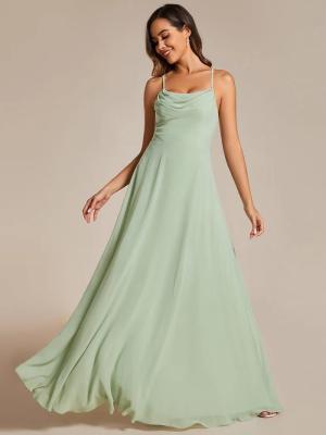 China Boat Neck Empire A-line Ruffled Adjustable Spaghetti Strap Zipper Mint Green Chiffon Evening Dress for sale