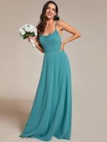 China Boat Neck Empire A-line Ruffled Adjustable Spaghetti Strap Zipper Dusty Blue Chiffon Prom Dress for sale