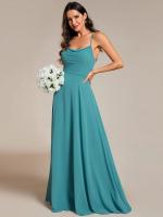 China Boat Neck Empire A-line Ruffled Adjustable Spaghetti Strap Zipper Dusty Blue Chiffon Prom Dress for sale