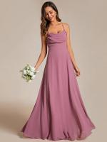 China Boat Neck Empire A-line Ruffled Adjustable Spaghetti Strap Zipper Pink Chiffon Graduation Dress for sale