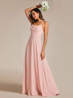 China Boat Neck Empire A-line Ruffled Adjustable Spaghetti Strap Zipper Pink Chiffon Graduation Dress for sale