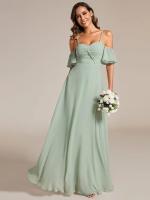 China Empire A-line Ruffled Off-shoulder Spaghetti Strap Criss-cross Ruffles Sleeve Mint Green Chiffon Bridesmaid Dresses for sale