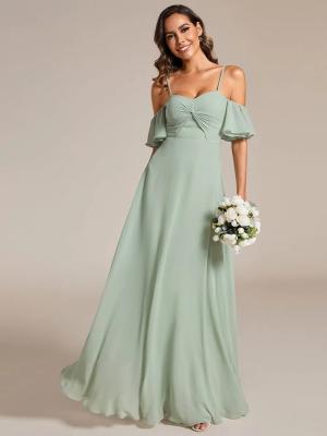 China Empire A-line Ruffled Off-shoulder Spaghetti Strap Criss-cross Ruffles Sleeve Mint Green Chiffon Bridesmaid Dresses for sale