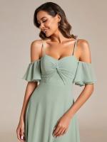 China Empire A-line Ruffled Off-shoulder Spaghetti Strap Criss-cross Ruffles Sleeve Mint Green Chiffon Bridesmaid Dresses for sale