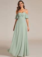 China Empire A-line Ruffled Off-shoulder Spaghetti Strap Criss-cross Ruffles Sleeve Mint Green Chiffon Bridesmaid Dresses for sale