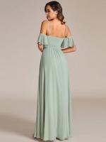 China Empire A-line Ruffled Off-shoulder Spaghetti Strap Criss-cross Ruffles Sleeve Pink Chiffon Evening Dress for sale