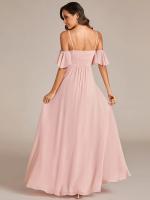 China Empire A-line Ruffled Off-shoulder Spaghetti Strap Criss-cross Ruffles Sleeve Pink Chiffon Evening Dress for sale