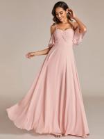 China Empire A-line Ruffled Off-shoulder Spaghetti Strap Criss-cross Ruffles Sleeve Pink Chiffon Evening Dress for sale