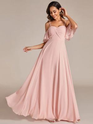 China Empire A-line Ruffled Off-shoulder Spaghetti Strap Criss-cross Ruffles Sleeve Pink Chiffon Evening Dress for sale