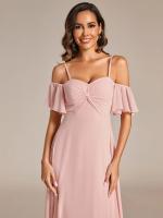 China Empire A-line Ruffled Off-shoulder Spaghetti Strap Criss-cross Ruffles Sleeve Pink Chiffon Evening Dress for sale