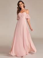 China Empire A-line Ruffled Off-shoulder Spaghetti Strap Criss-cross Ruffles Sleeve Pink Chiffon Evening Dress for sale