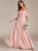 China Empire A-line Ruffled Off-shoulder Spaghetti Strap Criss-cross Ruffles Sleeve Pink Chiffon Evening Dress for sale